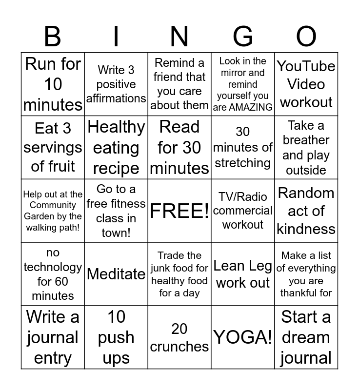 Healthy Lifestyle Bingo week 2! Bingo Card