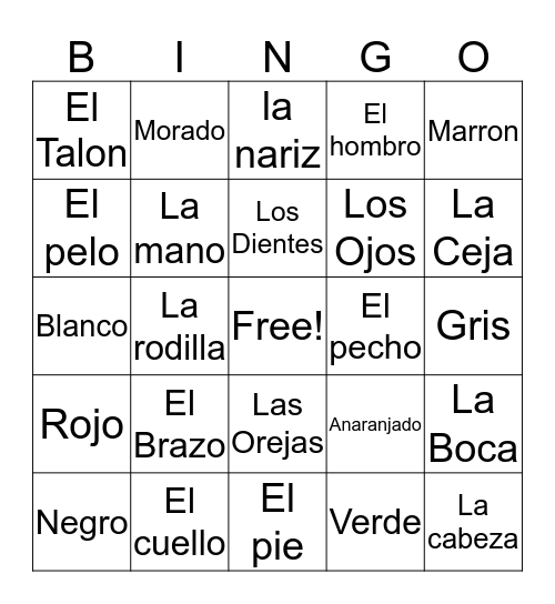 Body Parts & Colors Bingo Card