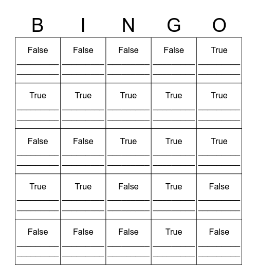True/False Bingo Card