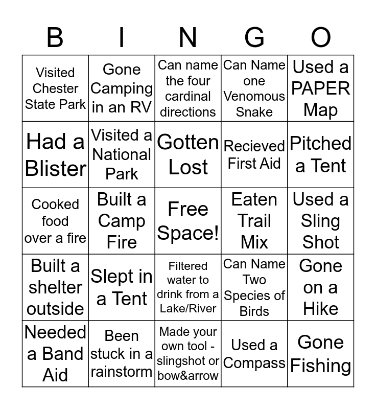 Outdoor Skills and Survival Bingo Card