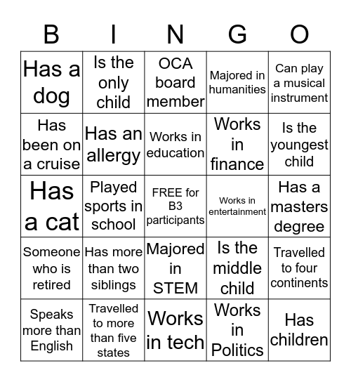 B3 Networking Bingo Card