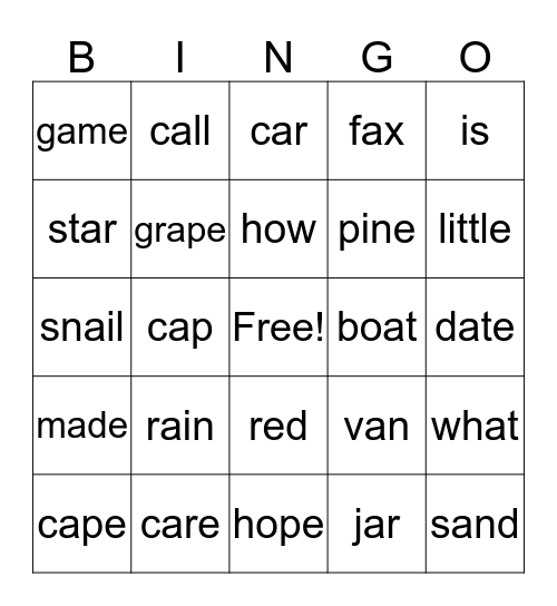 Long Vowel a Bingo Card