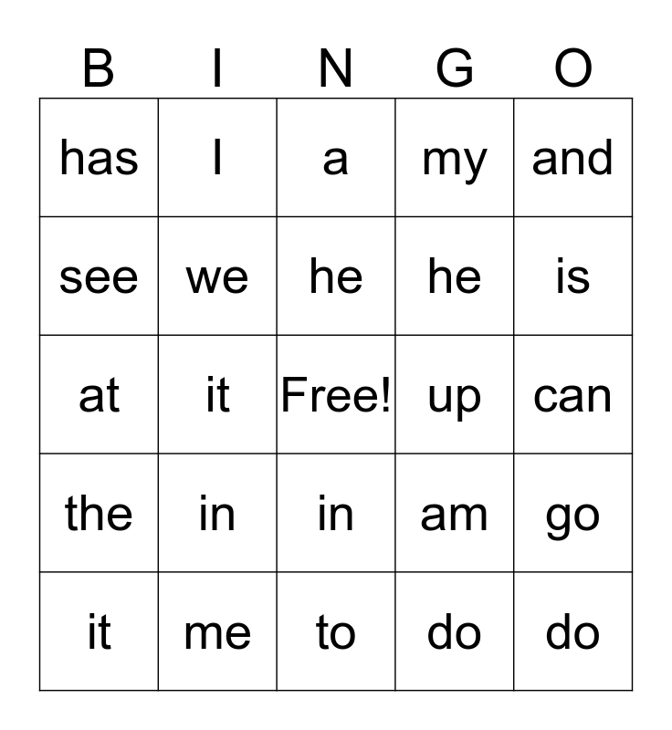 Sight Word List 1 Bingo Card