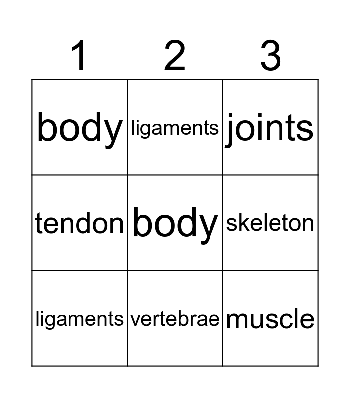 Bones & Muscles Bingo Card