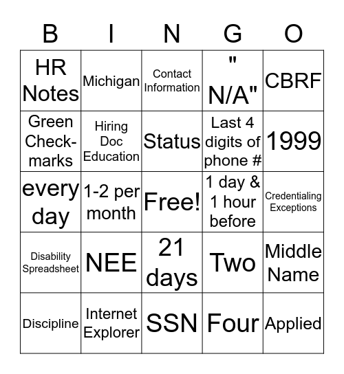 HIRING BINGO Card HIRING BINGO Card