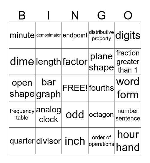 3rd Grade Math BINGO Card