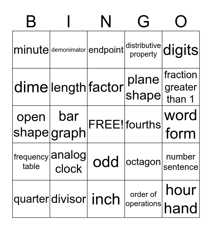 3rd Grade Math BINGO Card
