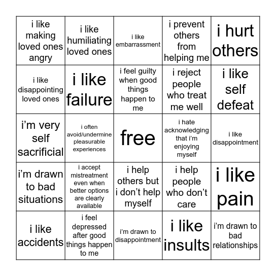 Self Defeating Personality Disorder Bingo Card Self Defeating Personality Disorder Bingo Card