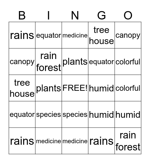 Rain Forest Bingo Card
