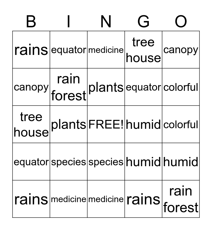 Rain Forest Bingo Card