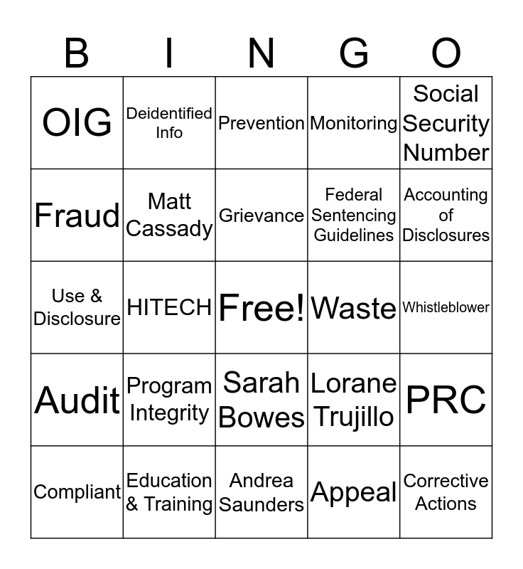 Compliance & Ethics Weeks 2019 Bingo Card