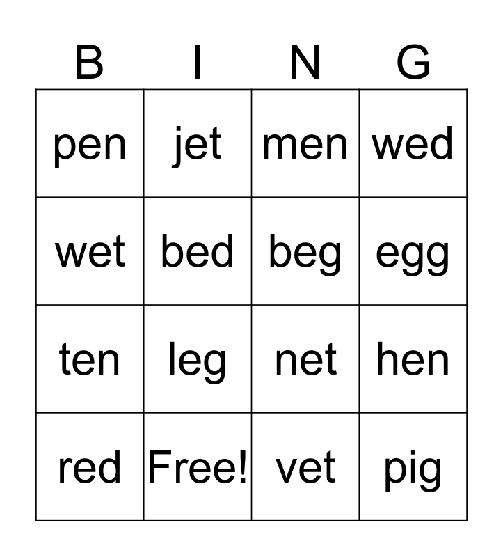 short e Bingo Card