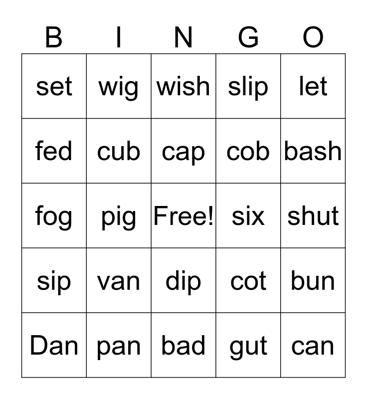 Short Vowel Bingo Card