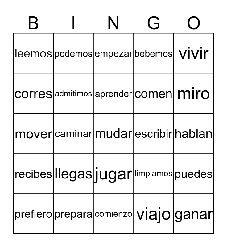 Spanish Verbs Bingo Card