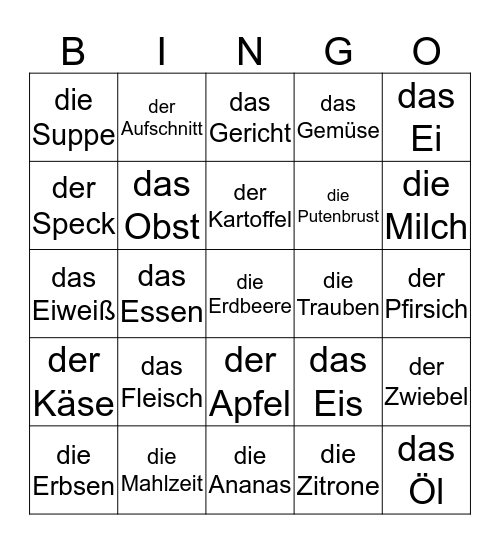 German 2, Unit 2 - Essen Wir! Bingo Card