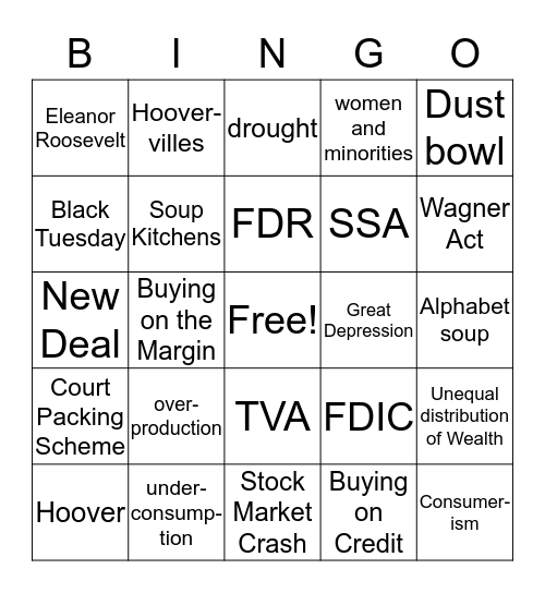 Great Depression Bingo Card