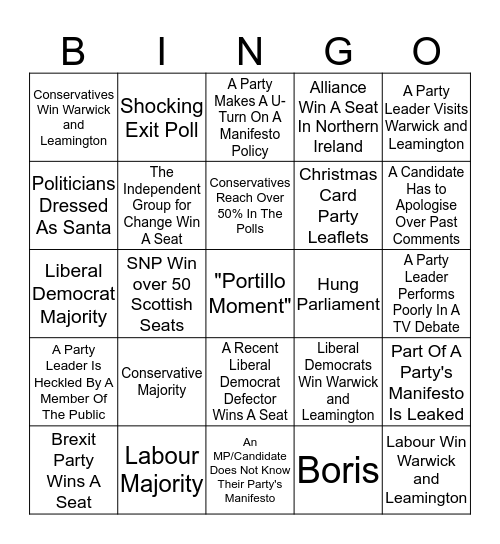December 2019 General Election Bingo Card