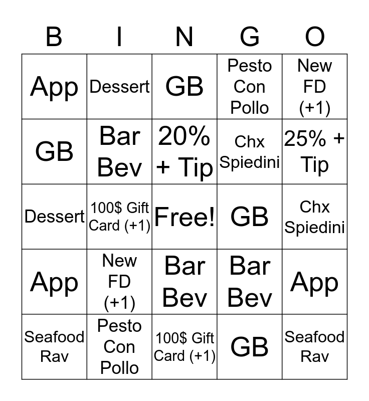 Pasta House Bingo!! Bingo Card