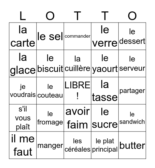 French 1 Unit 12 Food Bingo Card