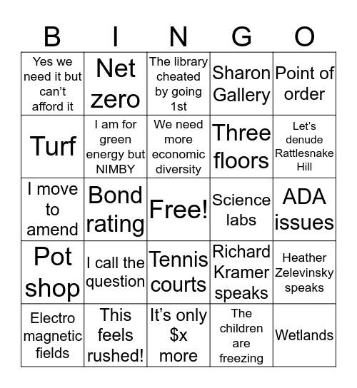 Sharon Town Meeting Nov 2019 Bingo Card