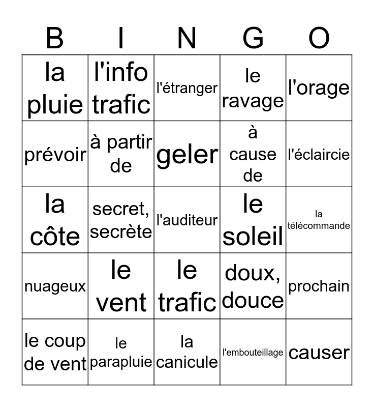 mots dans le vent 5 Bingo Card