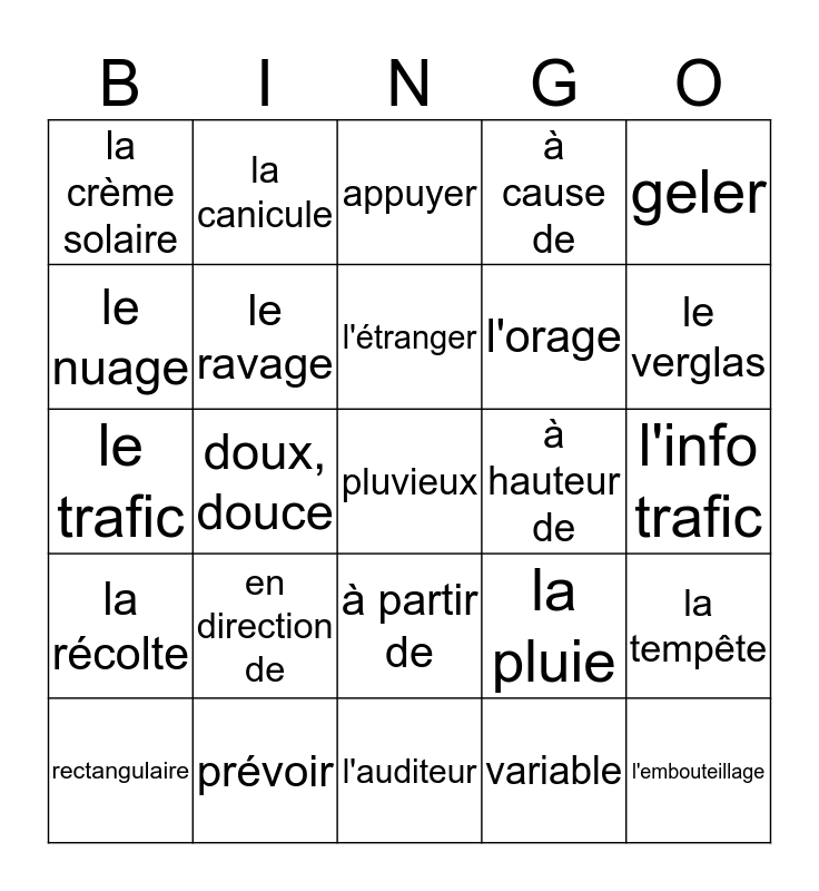 mots dans le vent 5 Bingo Card