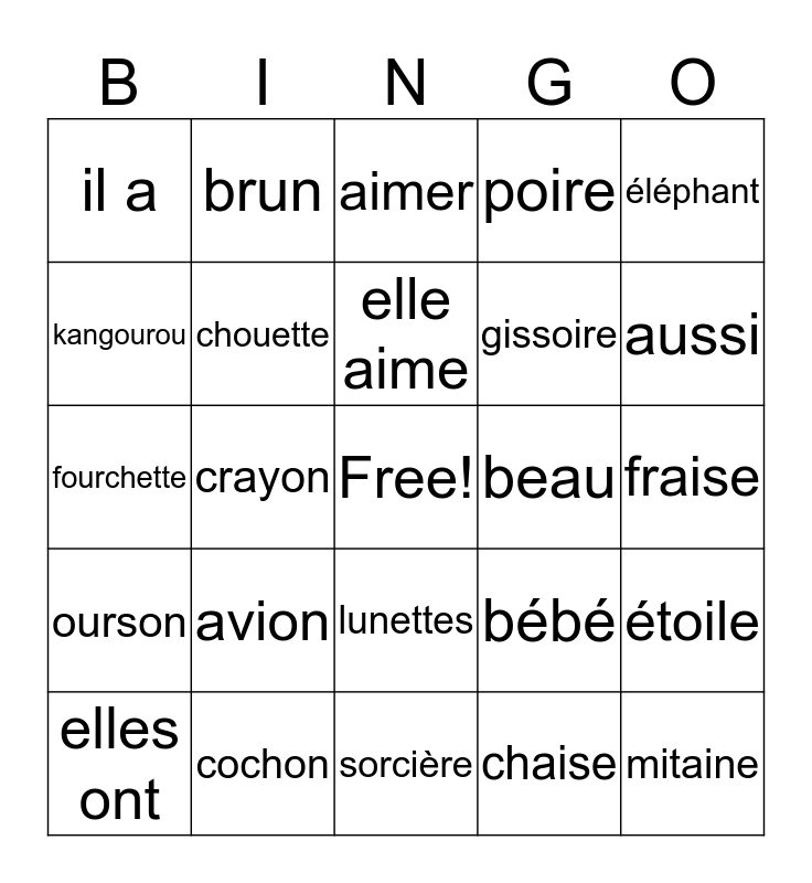 Bingo des mots Bingo Card