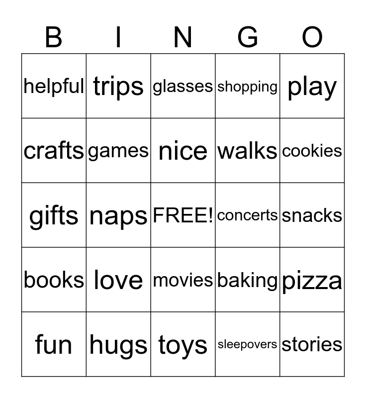 Grandparent's Day Bingo Card