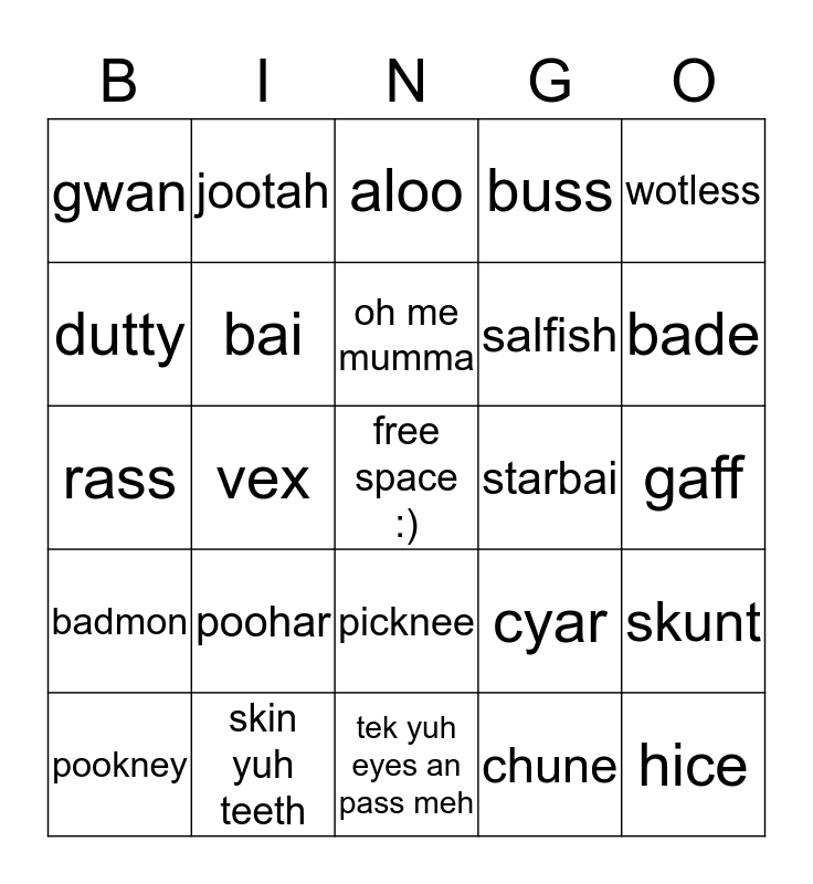Guyanese Slang Bingo Card