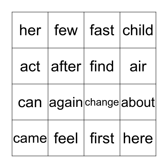 English Entry Level 1 Bingo Card