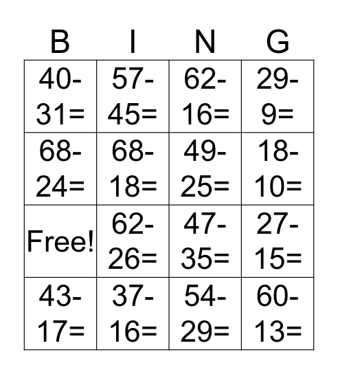 MATH - Subtraction Bingo Card