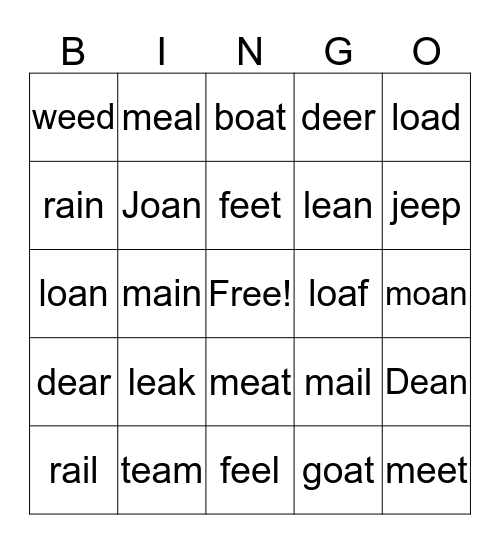 ee, ea, oa, ai Bingo Card