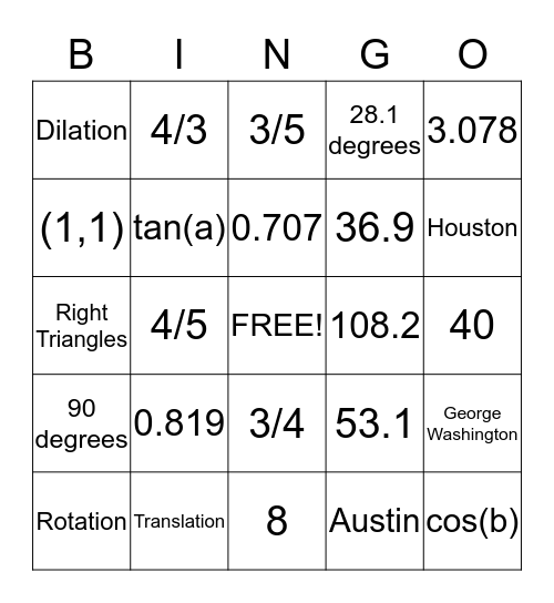 Trig Ratios Bingo Card