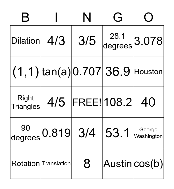 Trig Ratios Bingo Card
