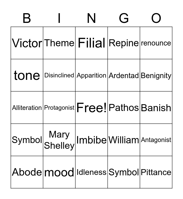 Frankenstein Bingo Card