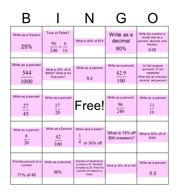 Percentages Bingo Card