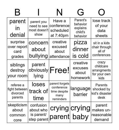Parent Teacher Conference Bingo Card