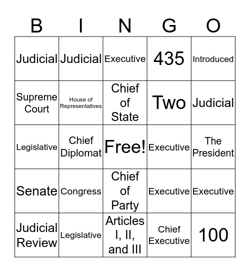 National Government Bingo Card