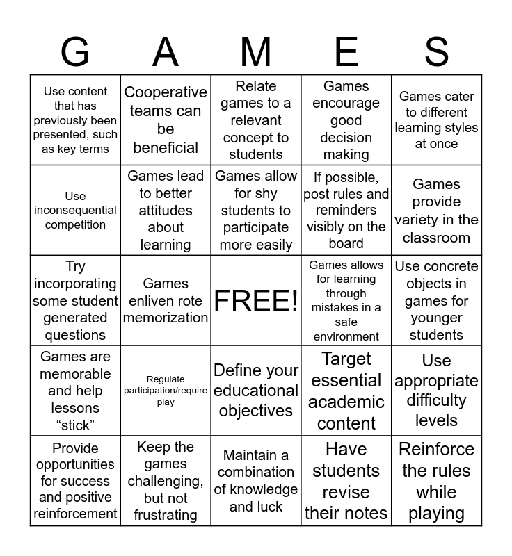 Academic Games Bingo Card