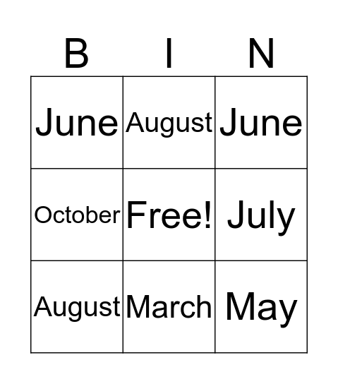 Months of the Year Bingo Card