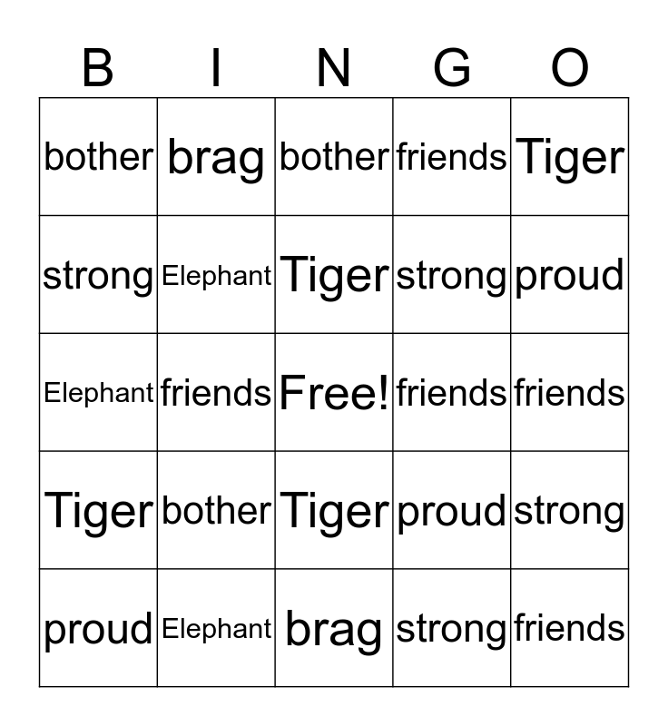 Elephant and Tiger Bingo Card
