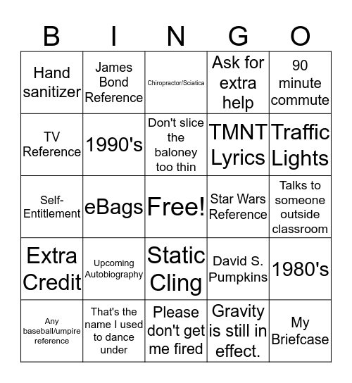 Professor Furlong Bingo Card