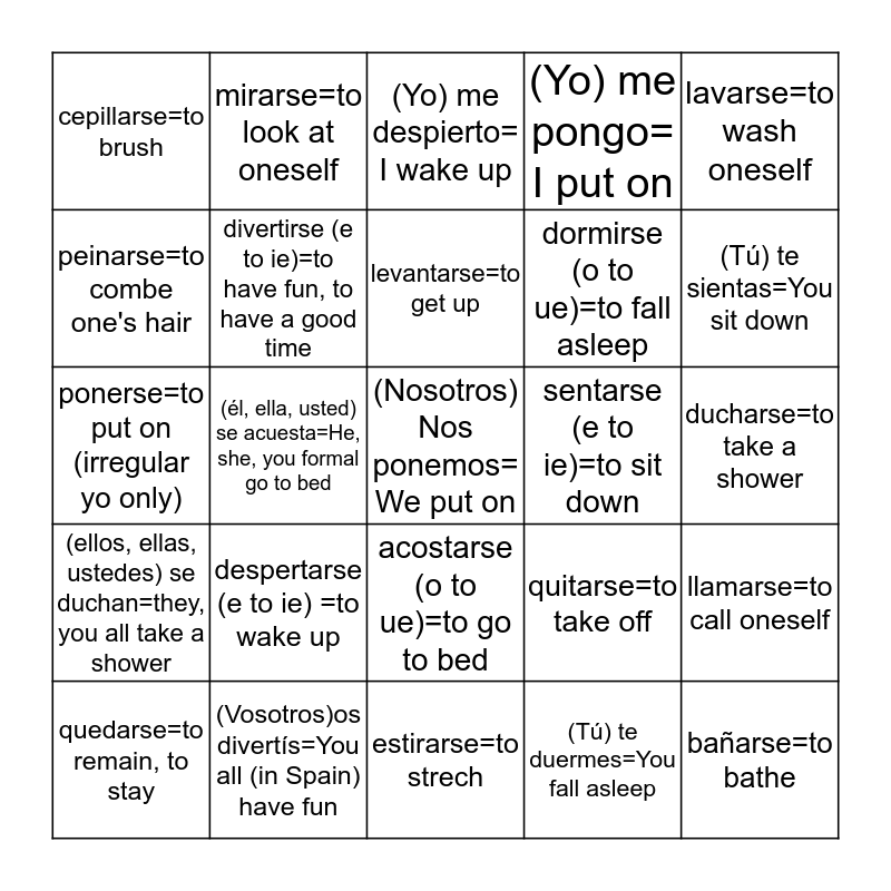 Bingo: Reflexive Verbs & Pronouns Bingo Card