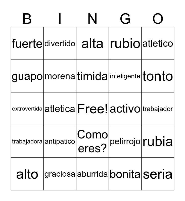 Spanish Adjectives Bingo Card