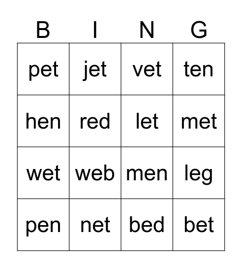 short vowel e Bingo Card