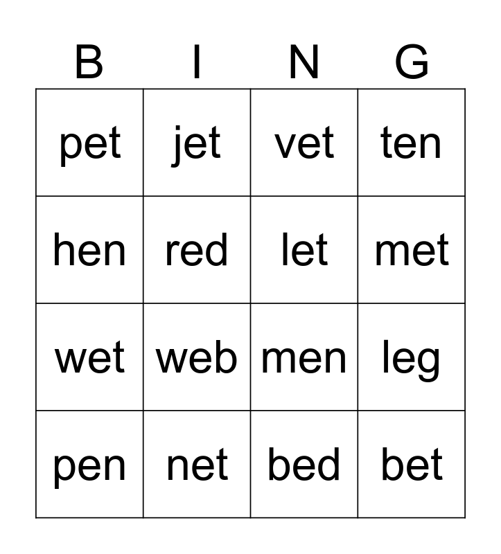 short vowel e Bingo Card