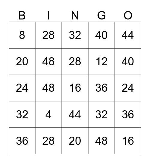4 Times Table Bingo Card