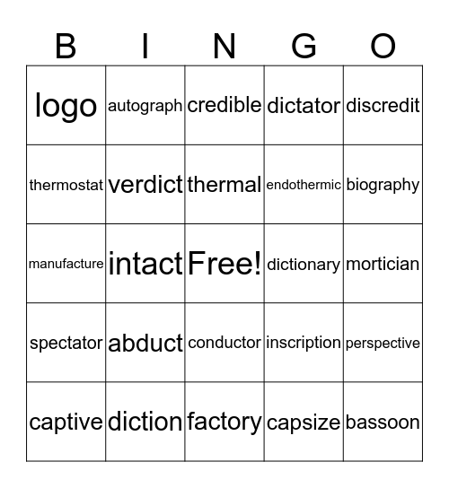 Root Word Bingo: Examples Bingo Card