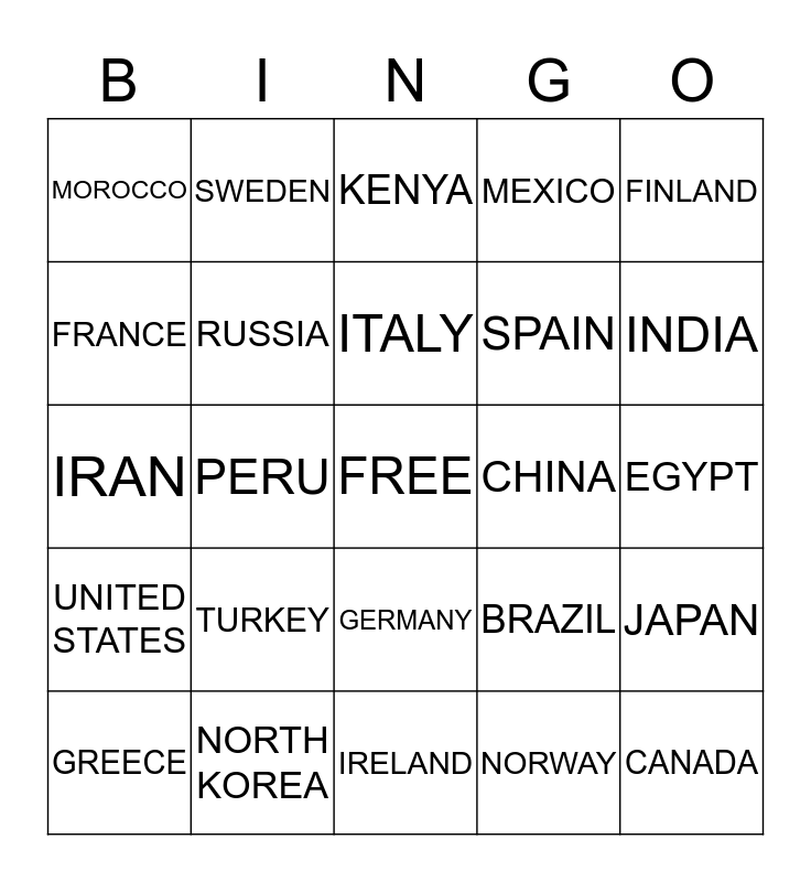 COUNTRIES OF THE WORLD Bingo Card