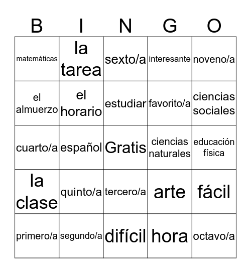 Realidades 1 - 2A Bingo Card